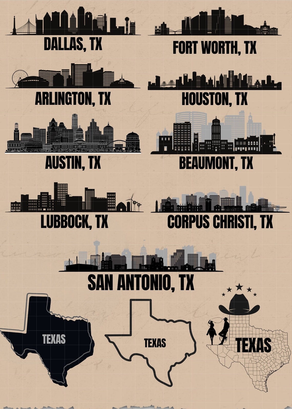 Texas City Skylines Dallas Houston Austin TX Cities Cityscape States ...