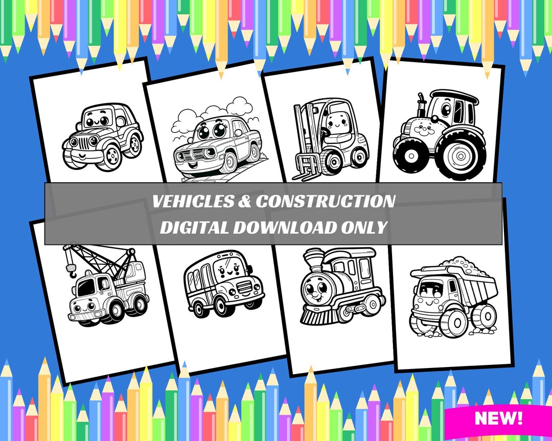Children's Colouring in Pages Vehicles & Construction Digital Download ...