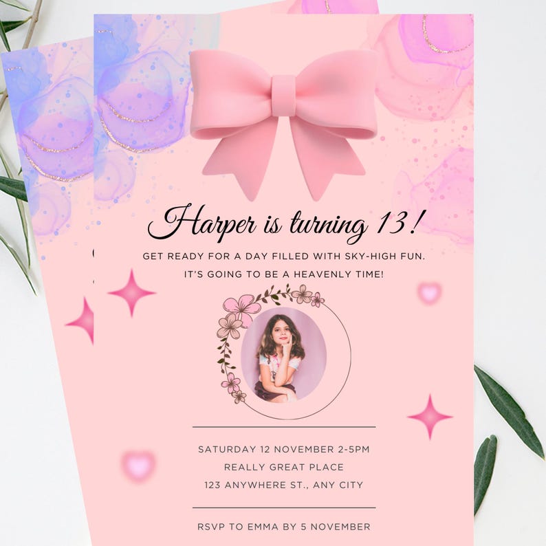 Pink Bow 13th Birthday Invitation Template | Editable Canva Invite (5x7 ...