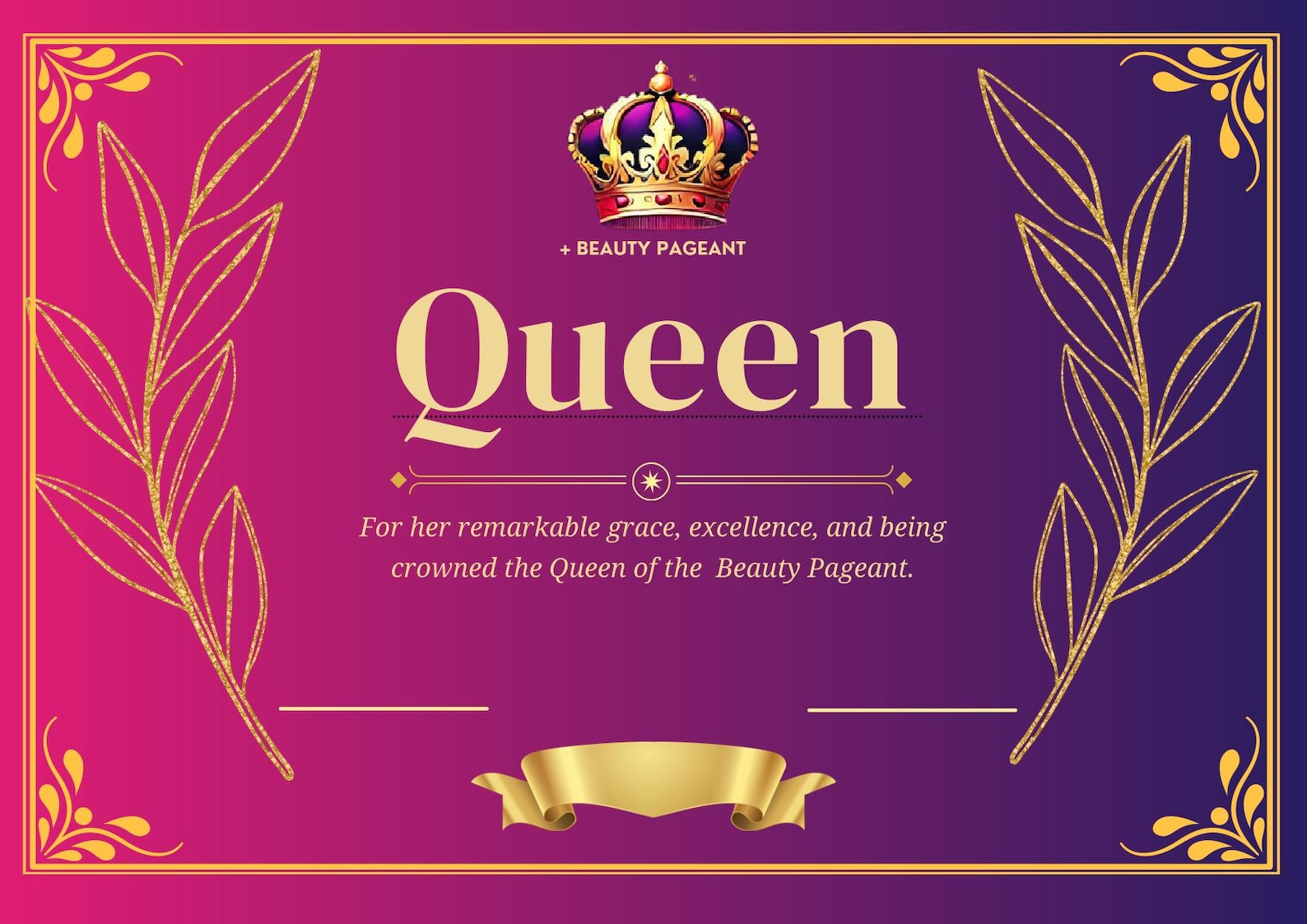 Queen Beauty Pageant Certificate – Printable and Editable Award for ...