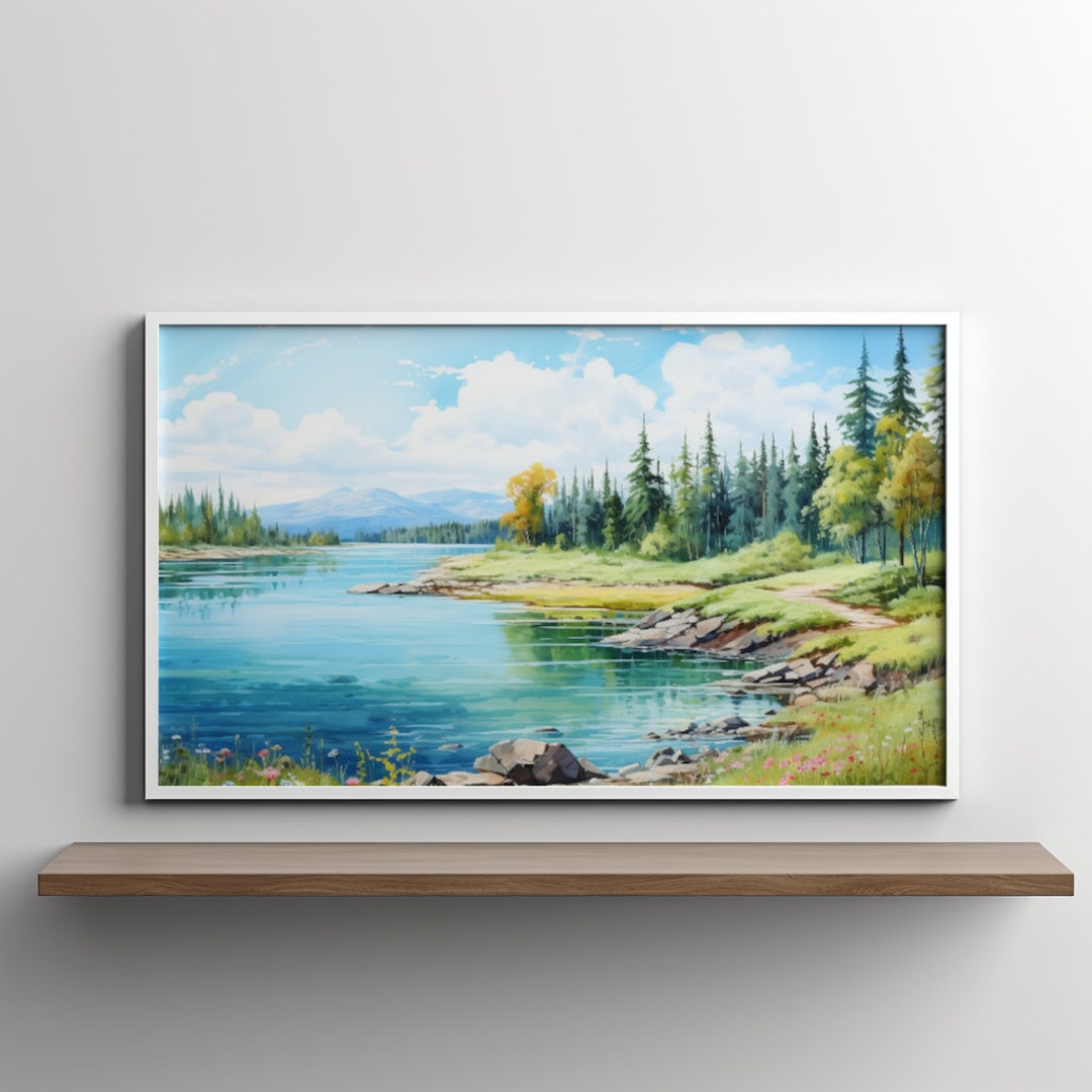Watercolor Lake Art Print Spring Lake View Vibrant Blues and Greens ...