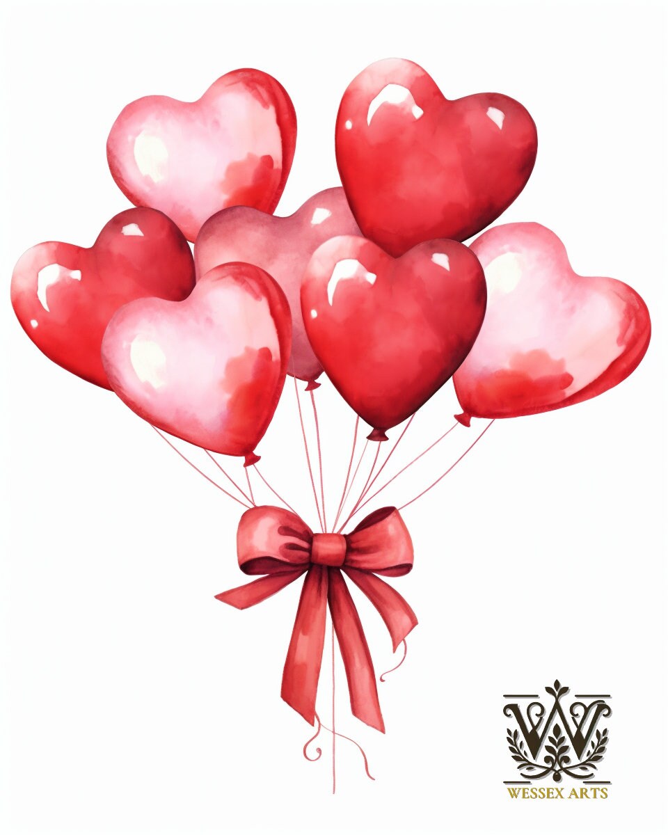 Valentines Heart Balloons DIGITAL FILE for Home Printing Watercolor ...