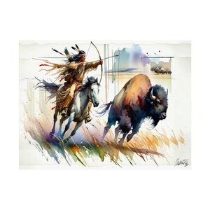 Native American Buffalo Hunt | Tribal Warrior on Horseback | Rustic ...