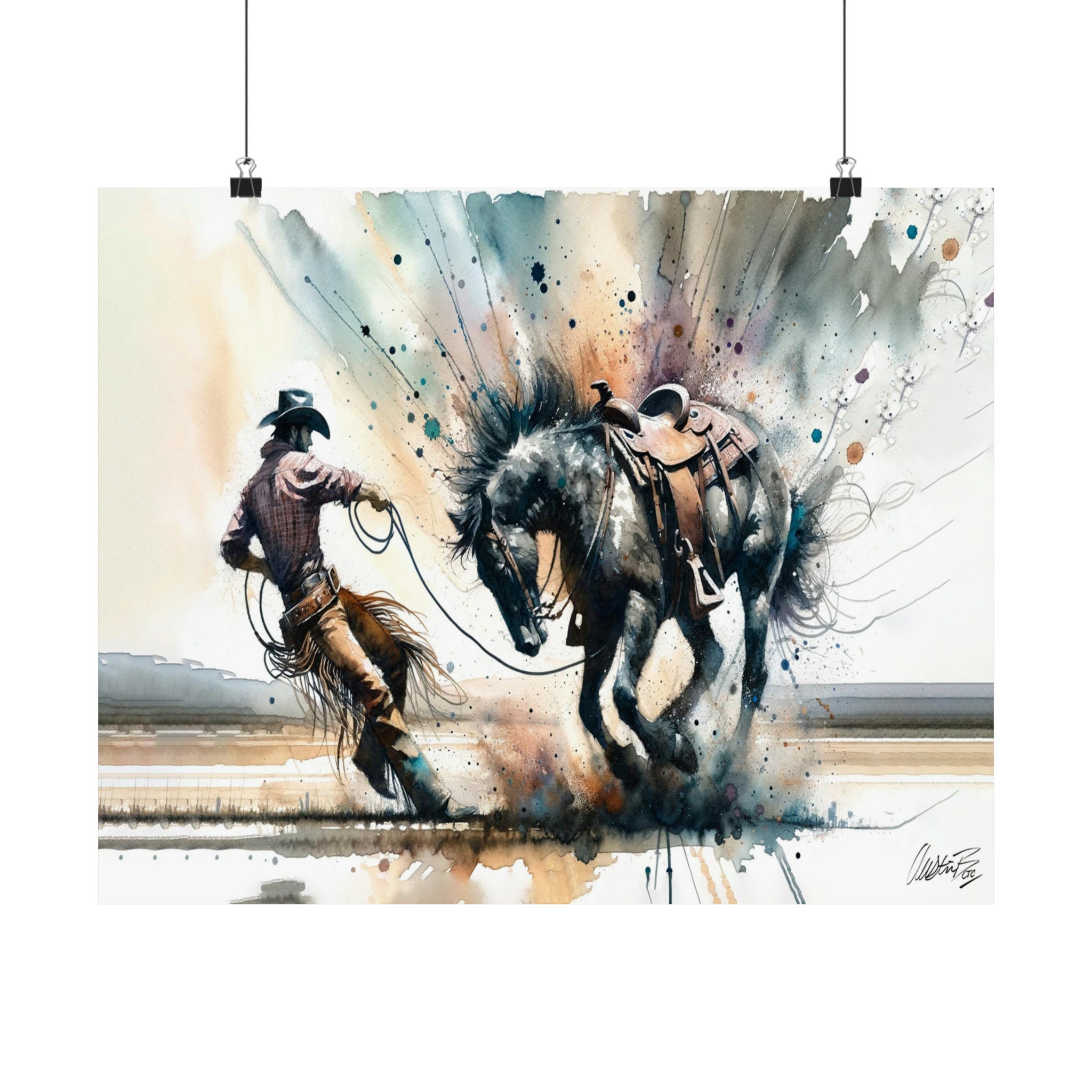 Bucking Bronco Watercolor Print: Cowboy Taming Wild Horse (digital Art ...