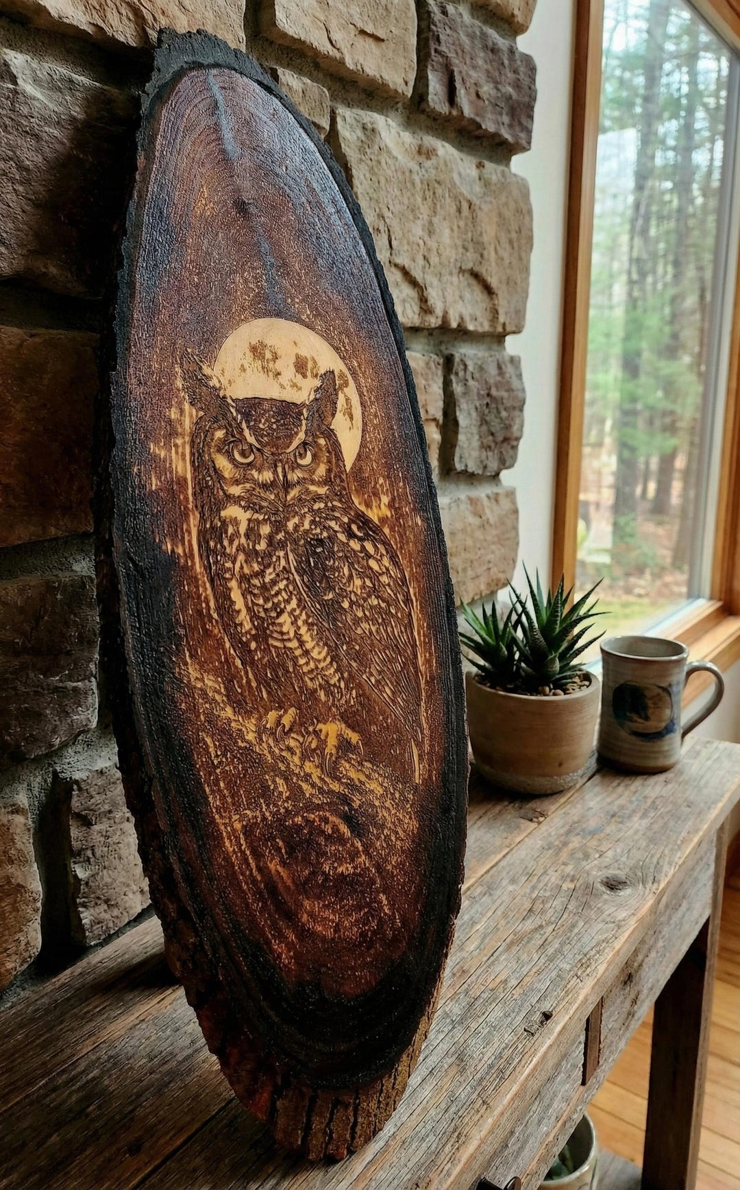 Laser Engraved Owl Wood Slice Wall Art | Torched Edge Decor - Etsy
