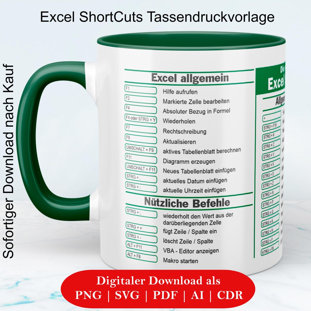 Excel Shortcuts Excel Template - Digital Download, Funny Mugs, Mockup ...