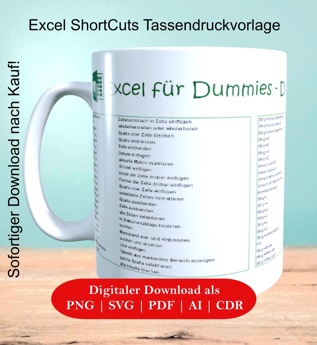 Excel Shortcuts Excel Template Digital Download, Funny Mugs, Mockup ...