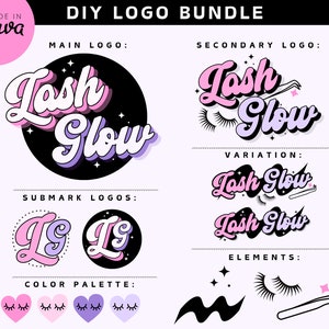 Editable Lash Logo Bundle- Retro Logo, Pastel Pink Logo, Logo Bundle ...