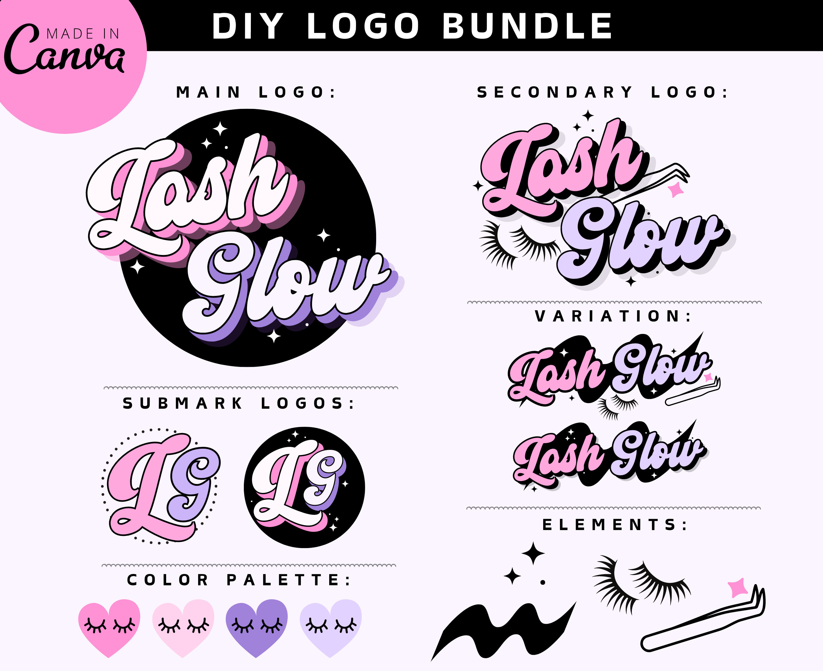 Editable Lash Logo Bundle- Retro Logo, Pastel Pink Logo, Logo Bundle ...