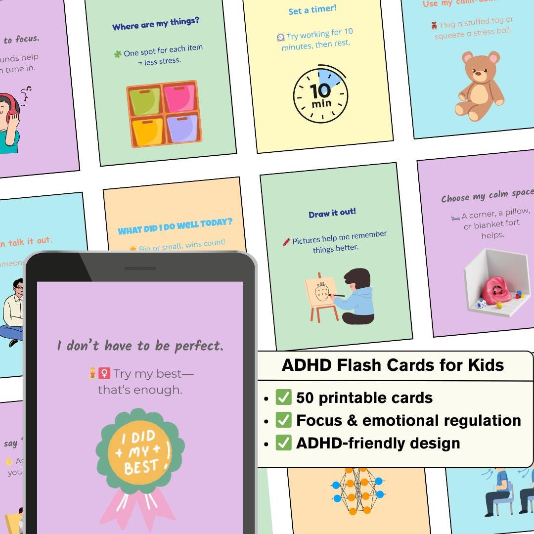 ADHD Flash Cards for Kids | 50 Printable Focus & Emotional Regulation ...
