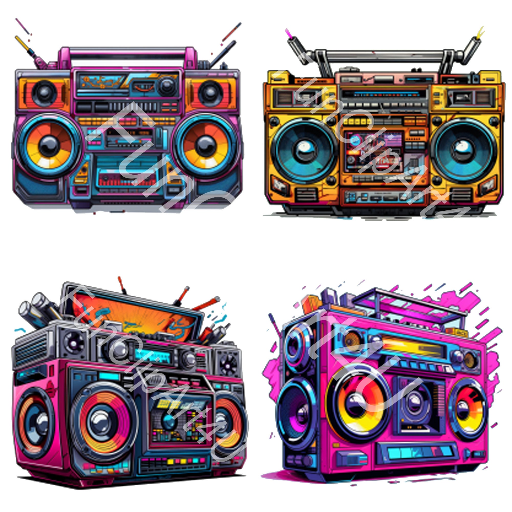 Groovy Cartoon Cool 80s Style Retro Boombox Stereo Radio Pink Blue 4 ...