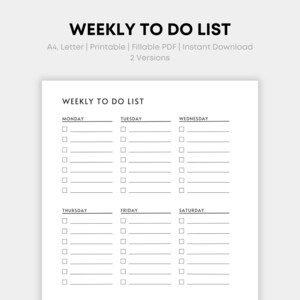 Weekly to Do List Printable Simple Tasks List Productivity Planner A4 ...