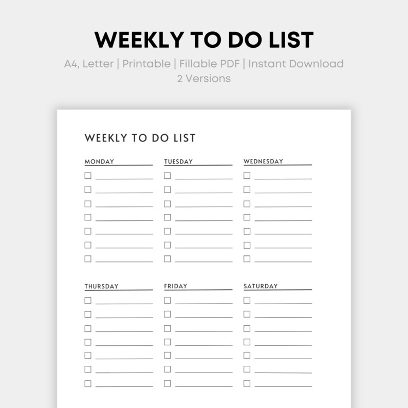 Weekly to Do List | Printable | Simple Tasks List | Productivity ...