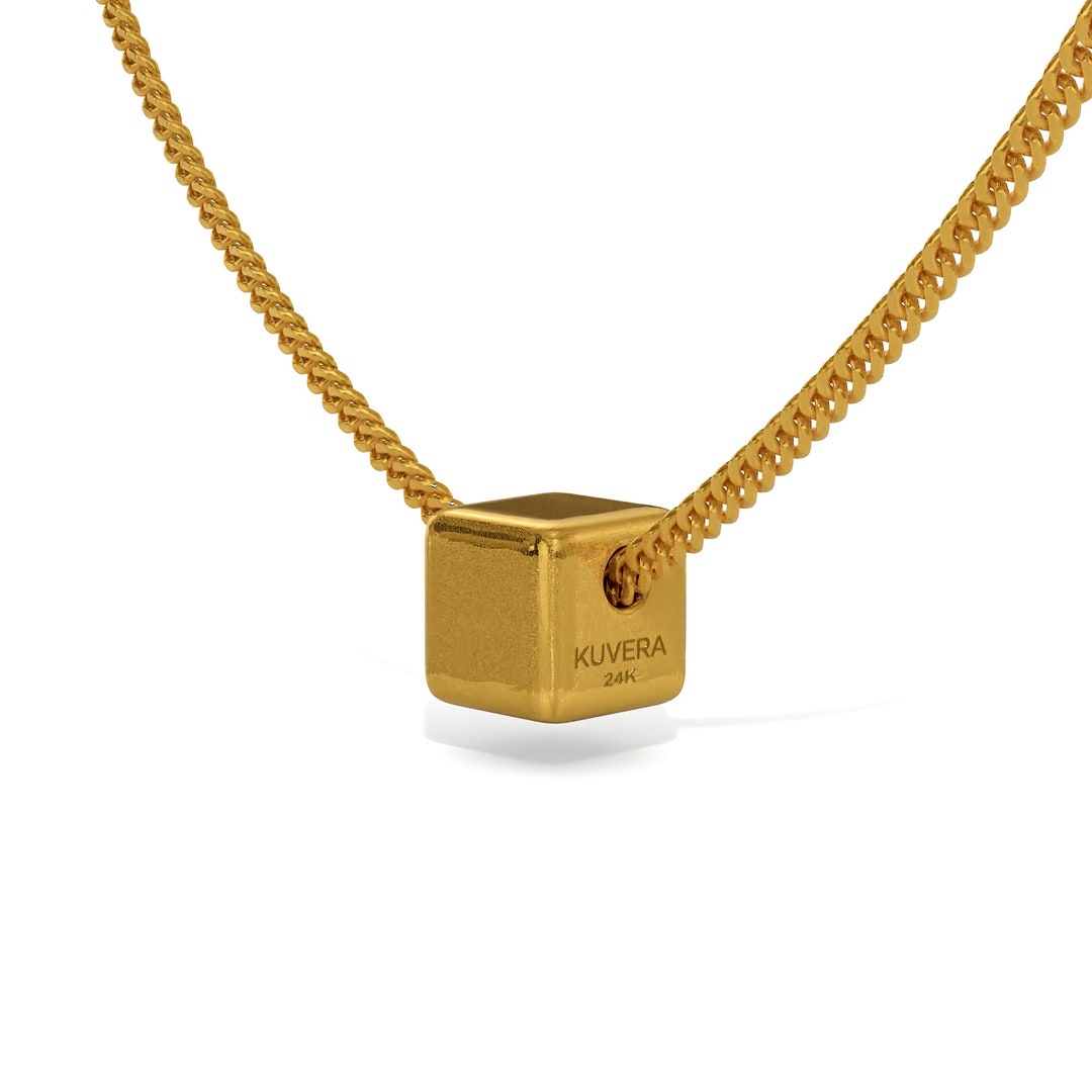 24K Solid Gold Cube Pendant. Pure Gold Cube Necklace. Gold 9999 Fine ...