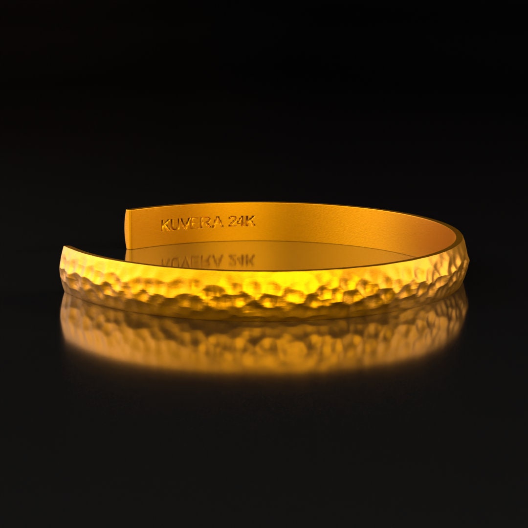 24k Solid Gold Hammered Dome Cuff Bracelet. Handmade Pure Gold Bold Cuff Bracelet. Gold Rustic ...