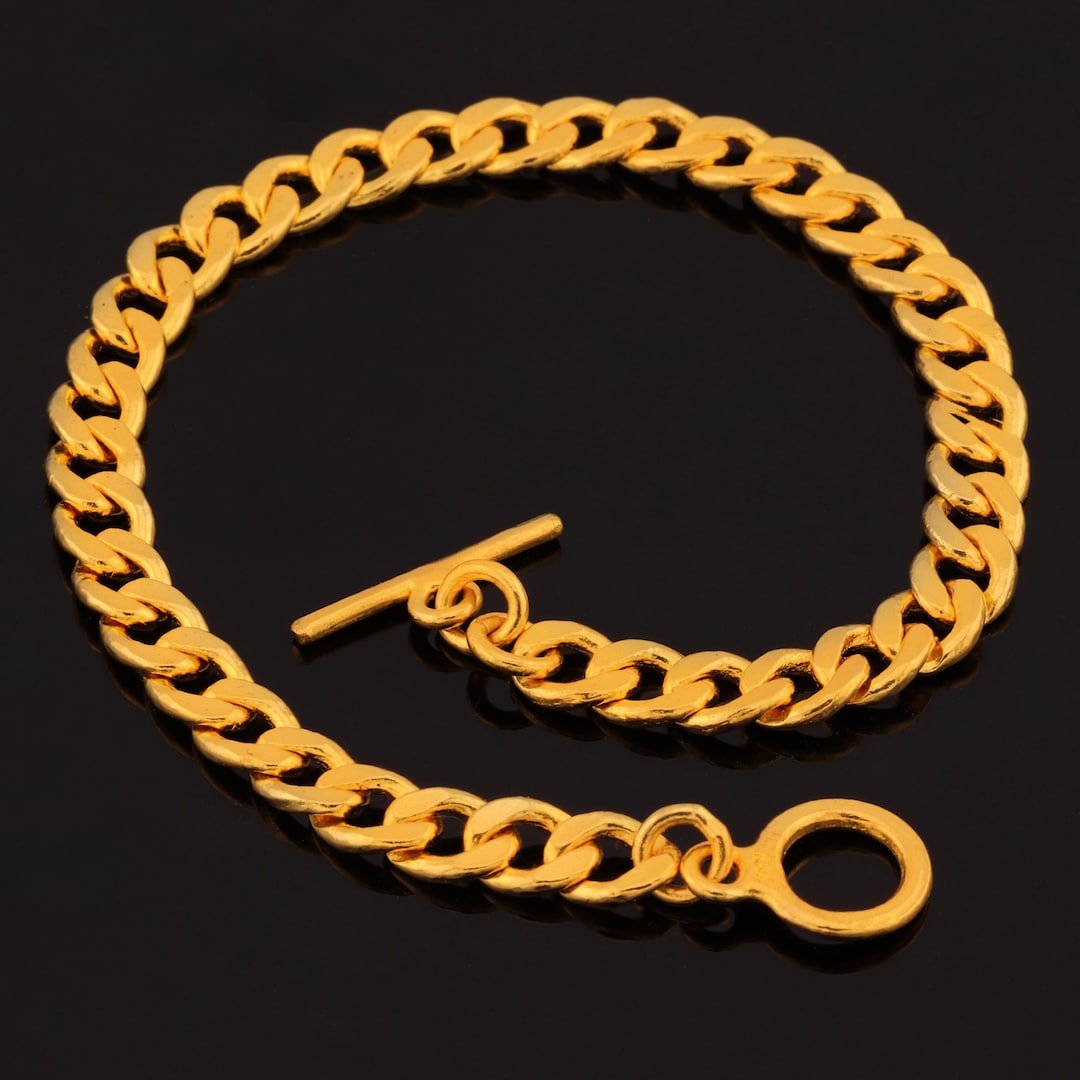 24k Solid Gold Curb Bracelet 7mm. Heavy Gold Cuban Chain Bracelet. Pure Gold Large Bracelet ...