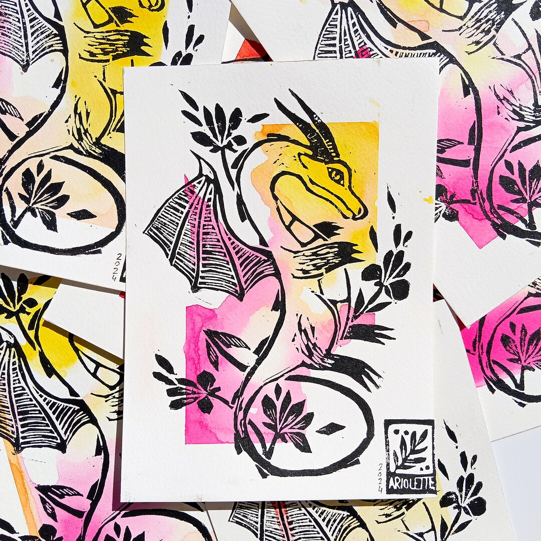 Dragon Linocut on Watercolor Background - Etsy