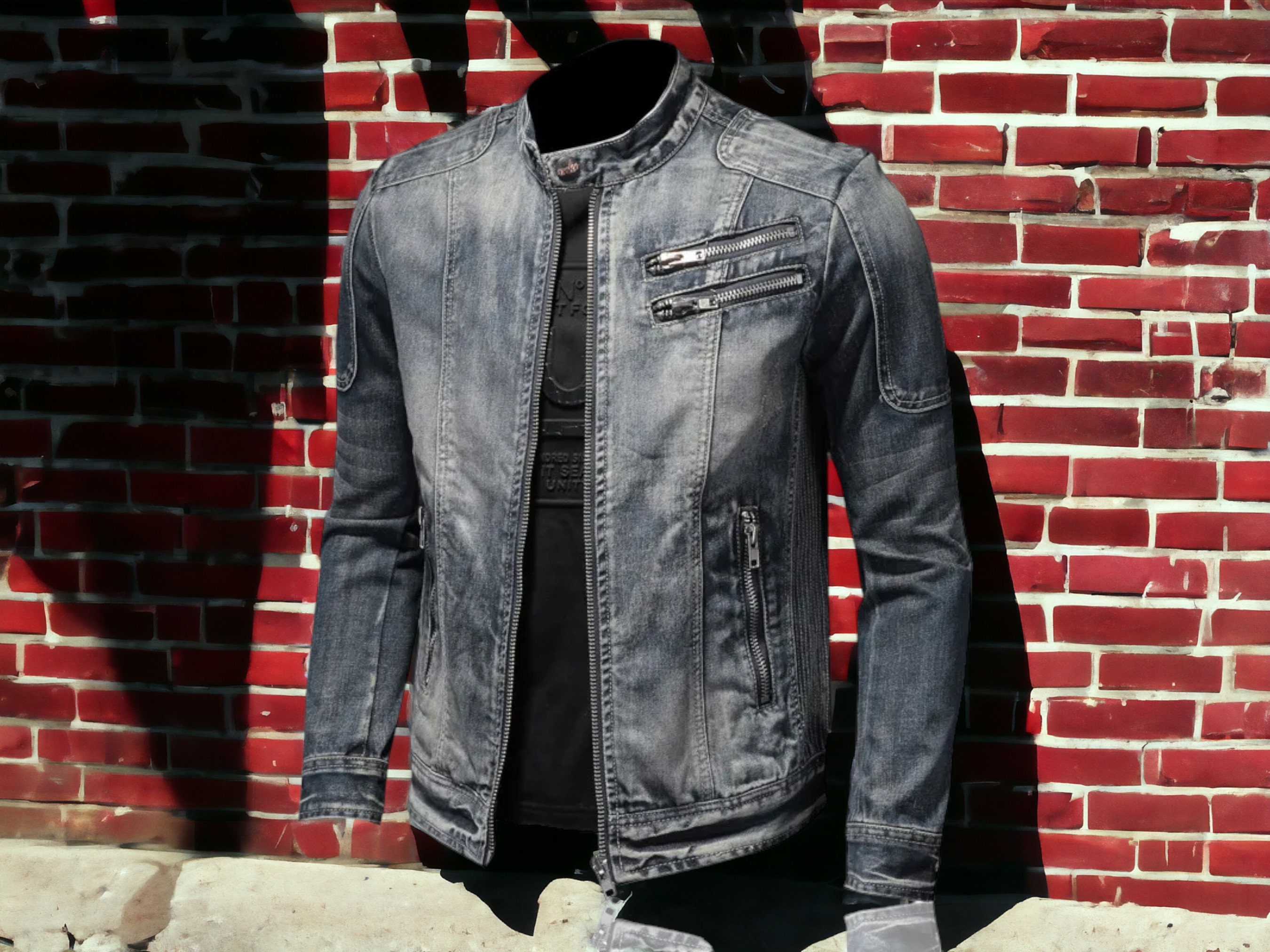 Men's Denim Jacket Slim Fit Blazer Wash Oblique Zipper Style Clothes ...