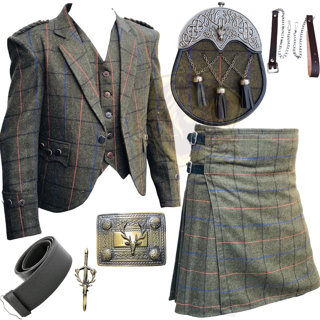 Men's Handmade Scottish Brown Highland Jacket With 8 Yard Kilt & Steg ...