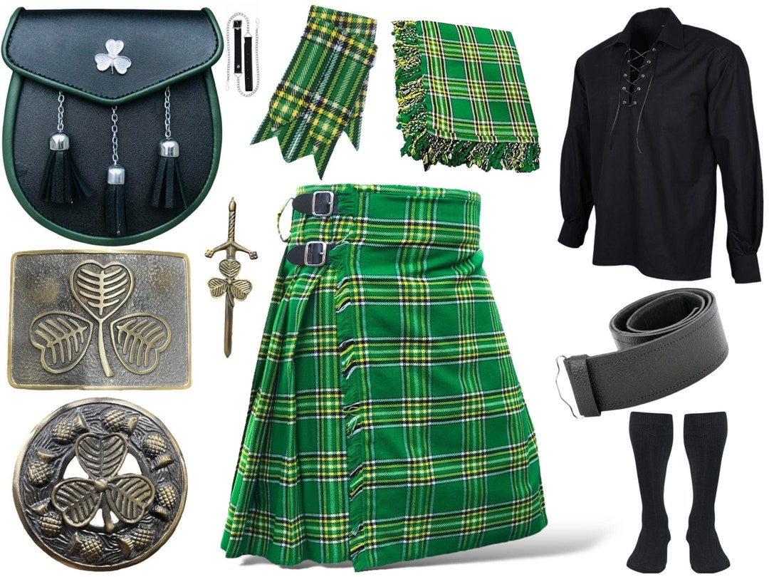 Men's Wedding Kilt Set Scottish Shamrock Design 10 Pieces Traditional ...