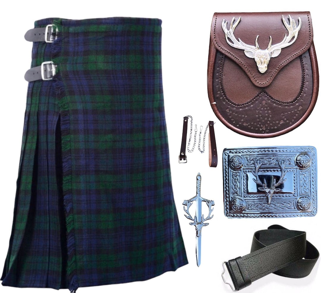 Men's Kilt Set Scottish Stag Head Design 5 Pieces Traditional Dress ...