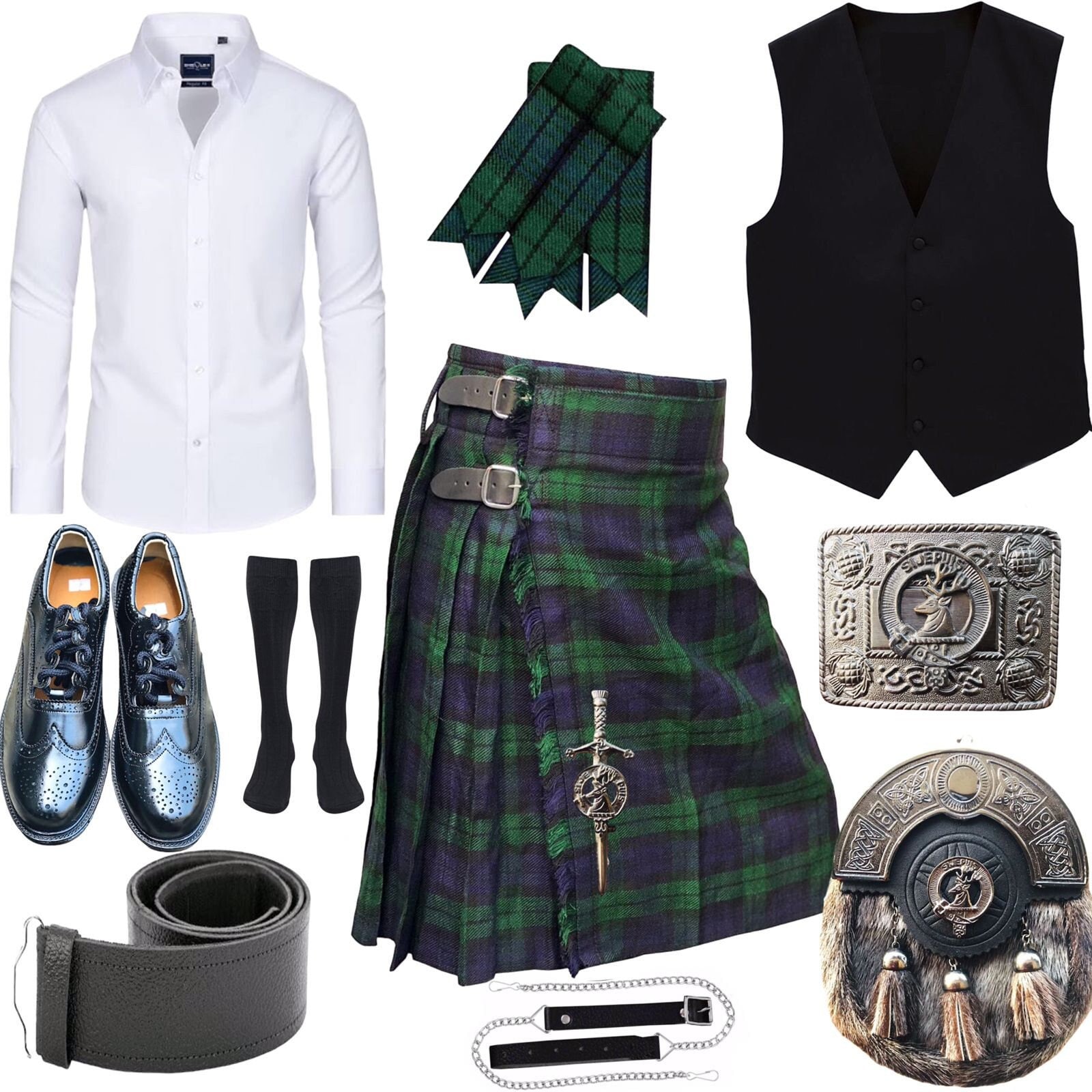 Men's Scottish Handmade 10 Pieces Kilt Set Bagpiper Kilt Outfit ...