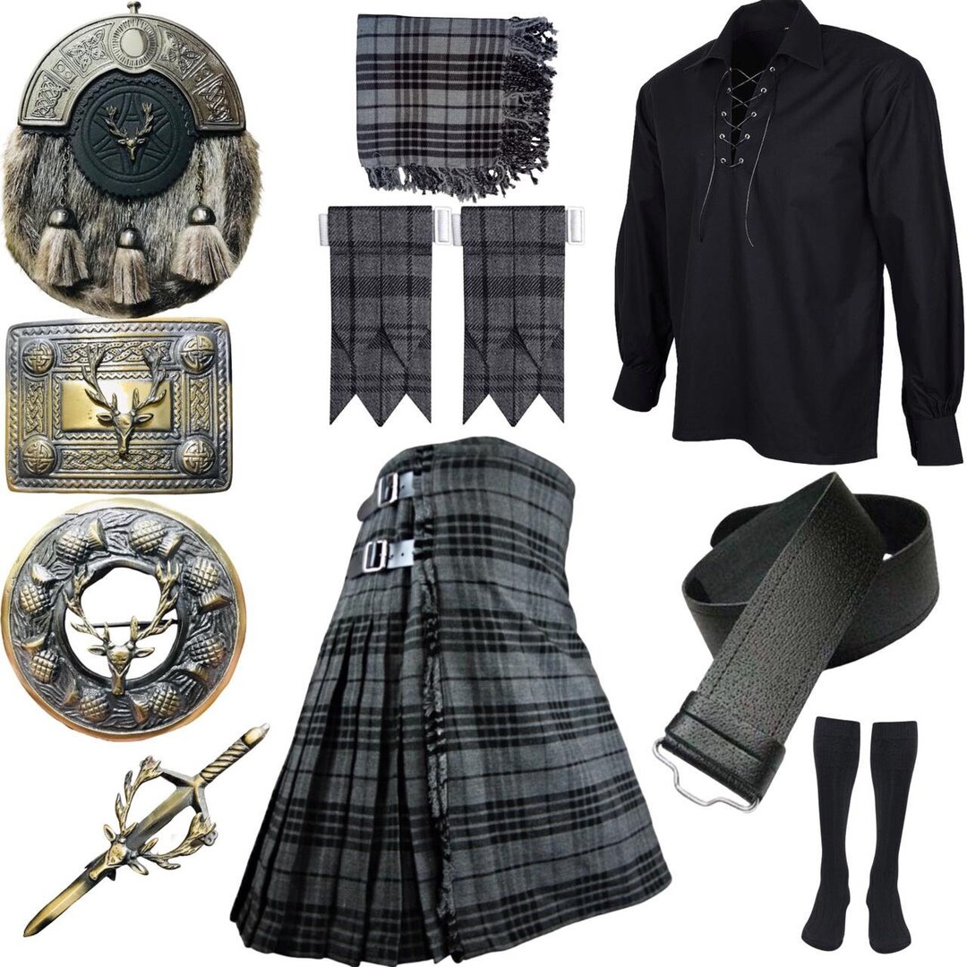 Men's Wedding Kilt Set Scottish Stag Head Design 10 Pieces Traditional ...