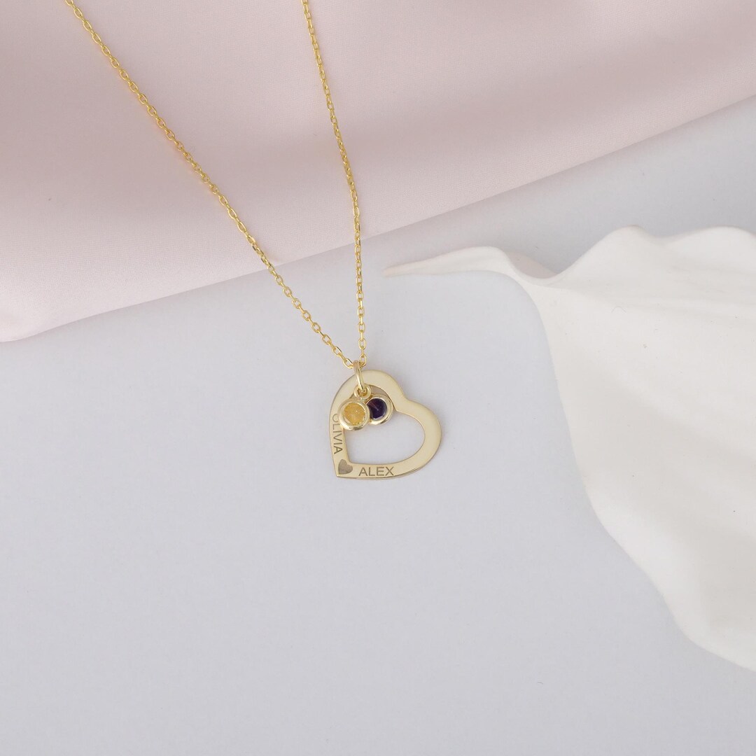 Personalized Heart Shaped Name Necklace With Birthstones, Personalized ...