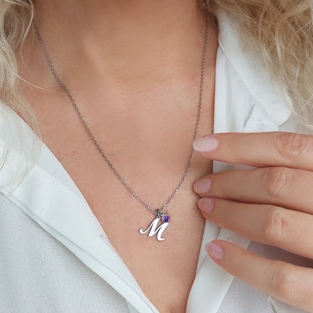 Birthstone Letter Necklace, 14K Solid Gold Initial Necklace, Birthstone ...