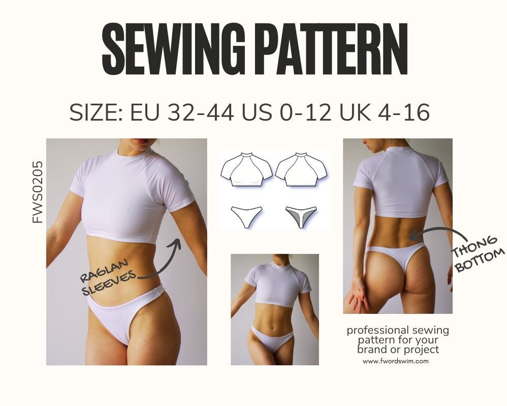Paper Sewing Pattern Bikini Set Separates Thong Rashguard Short Sleeve ...