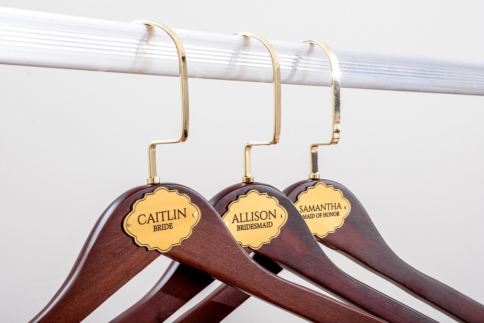 Personalized Bridesmaid Hangers With Gold Plate, Walnut Bridal Hangers ...