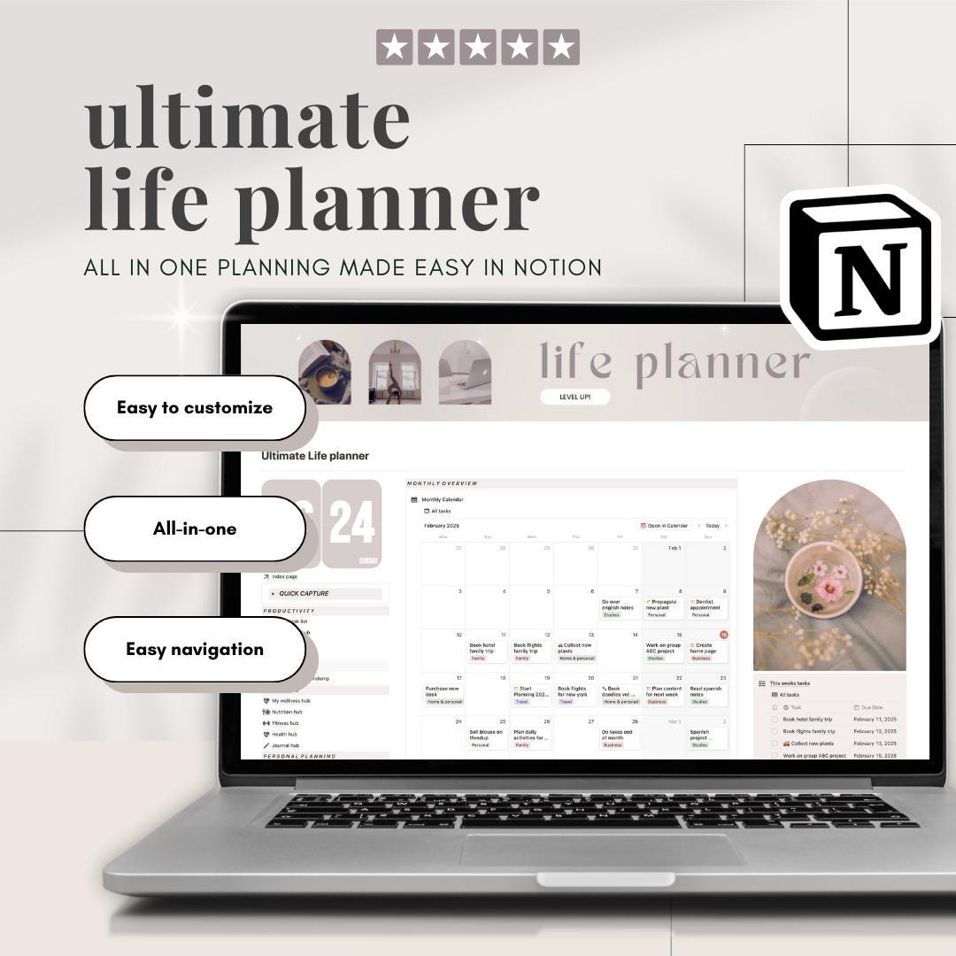 Notion Template Life Planner Dashboard, All in One 2025 Aesthetic Digital Planner, Notion ...