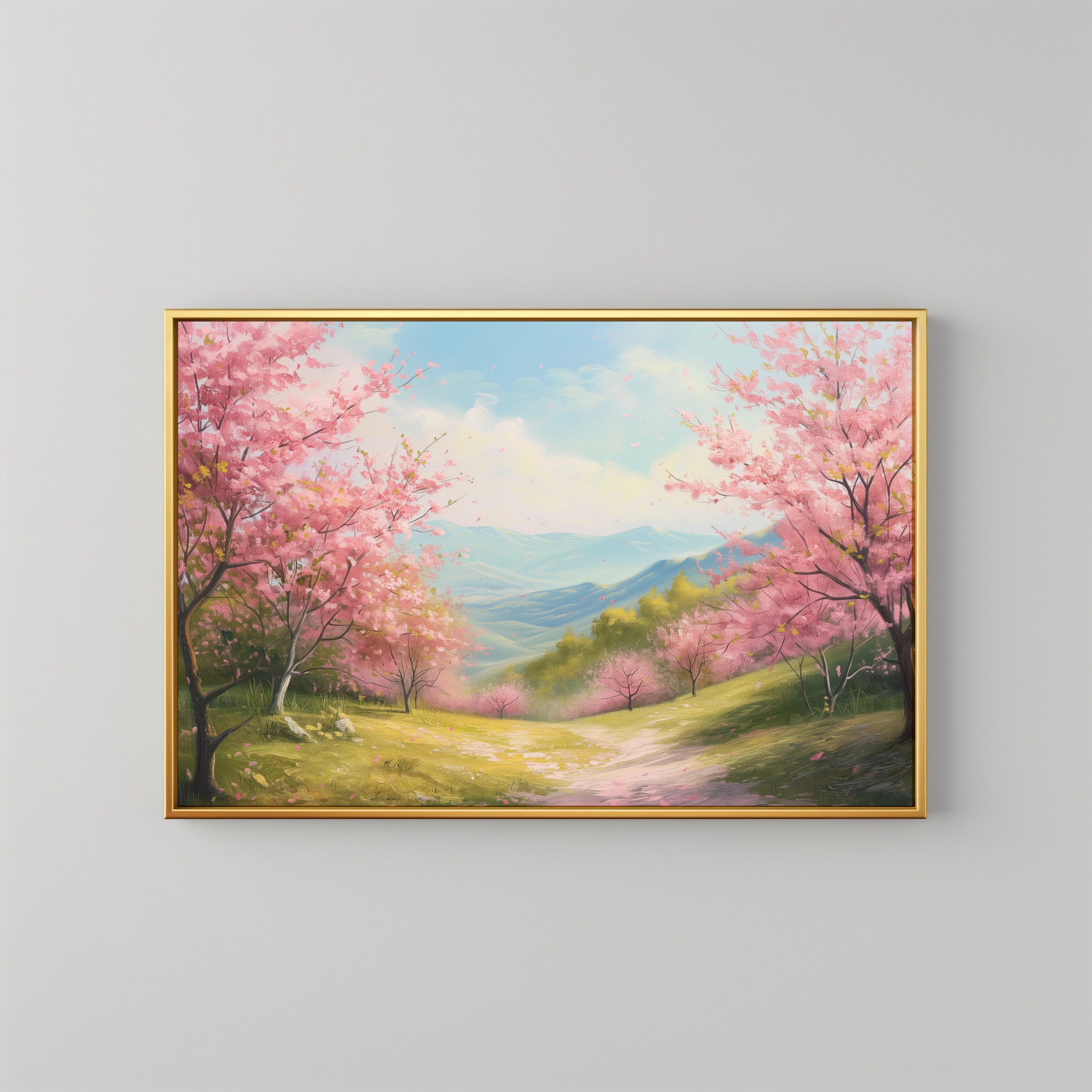 Vintage Printable Blossom Cherry Trees Wall Art, Landscape Oil Painting ...