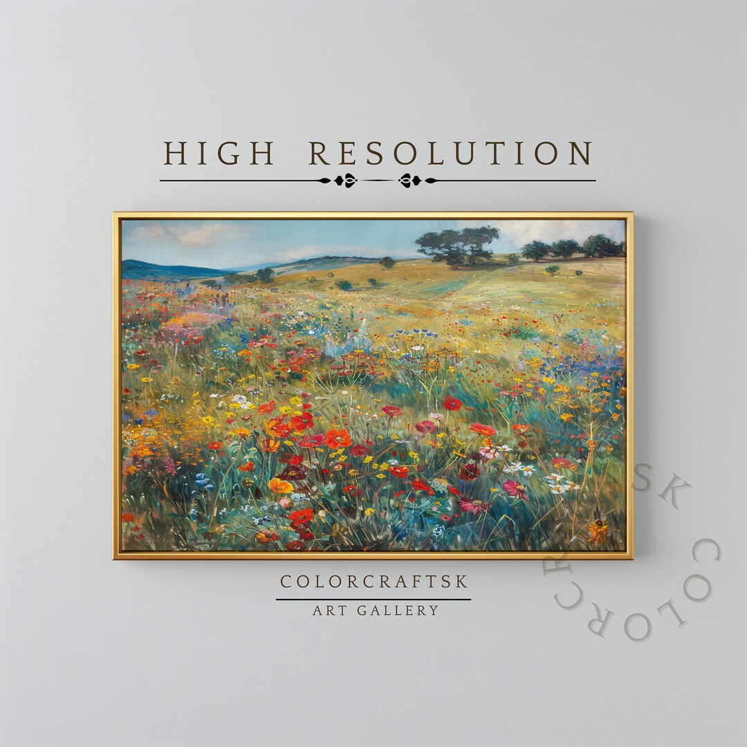 Vintage Printable Wildflower Field Oil Painting, Landscape Meadow Wall ...