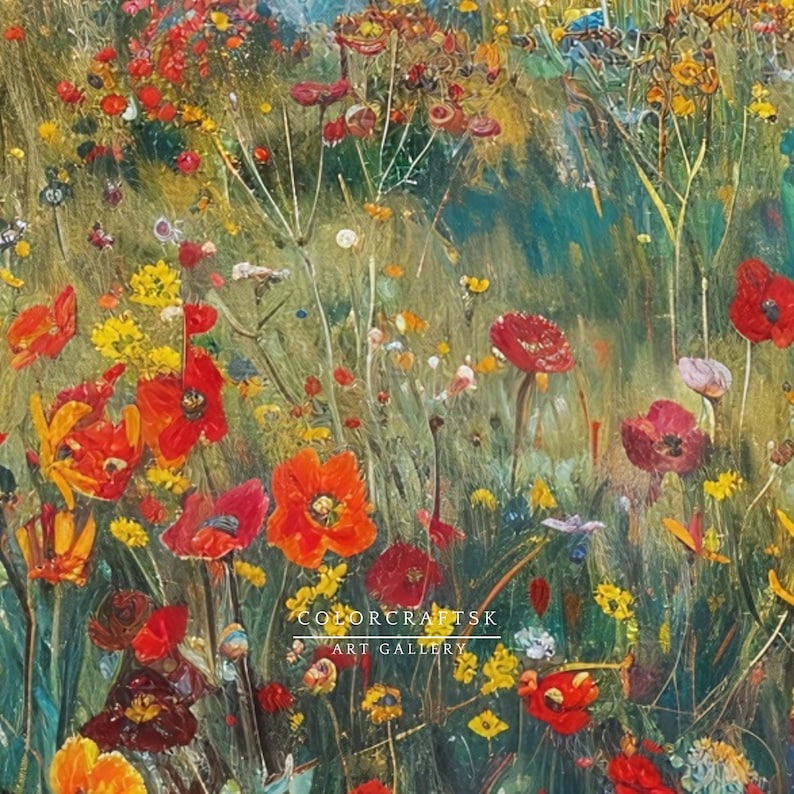 Vintage Printable Wildflower Field Oil Painting, Landscape Meadow Wall ...