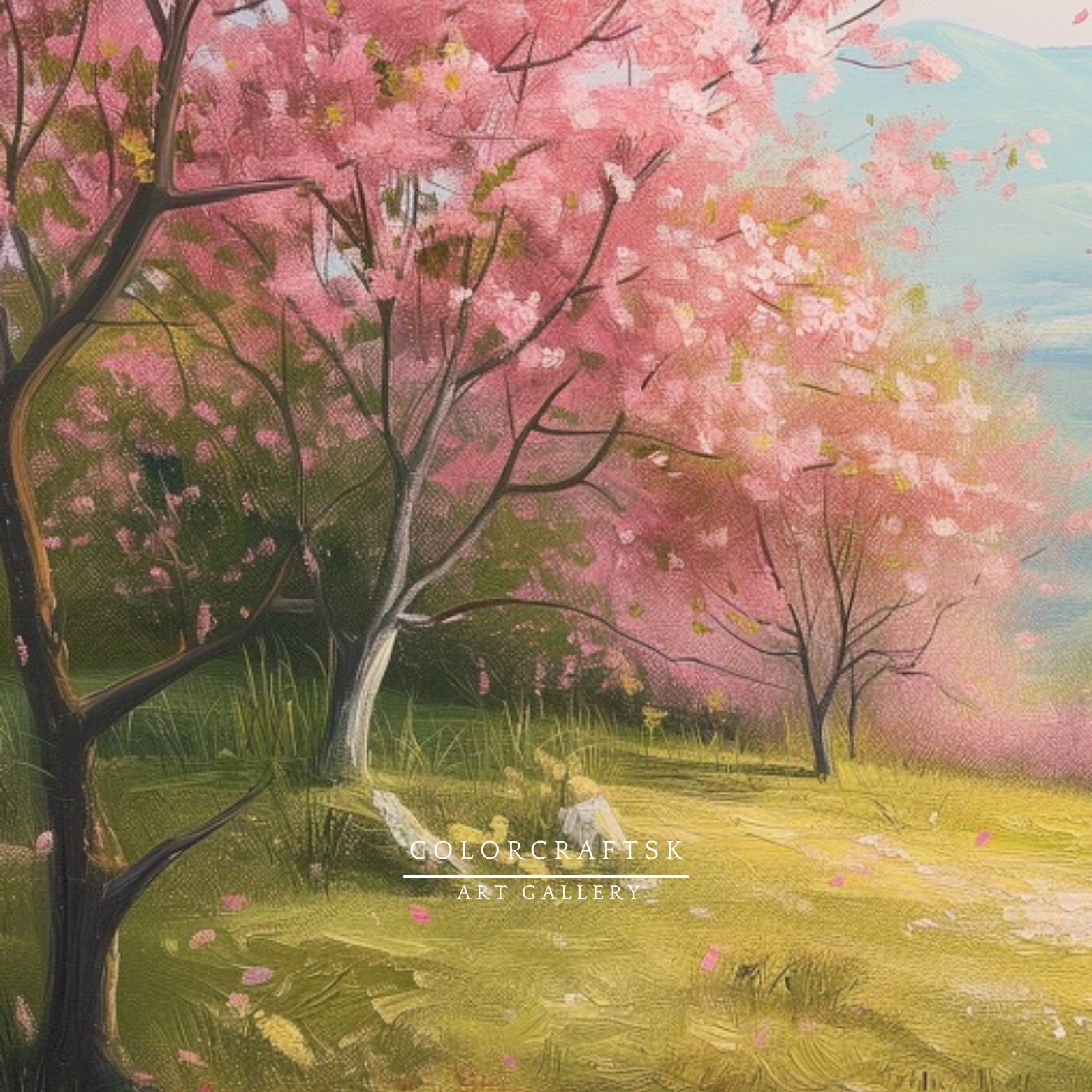 Vintage Printable Blossom Cherry Trees Wall Art, Landscape Oil Painting ...
