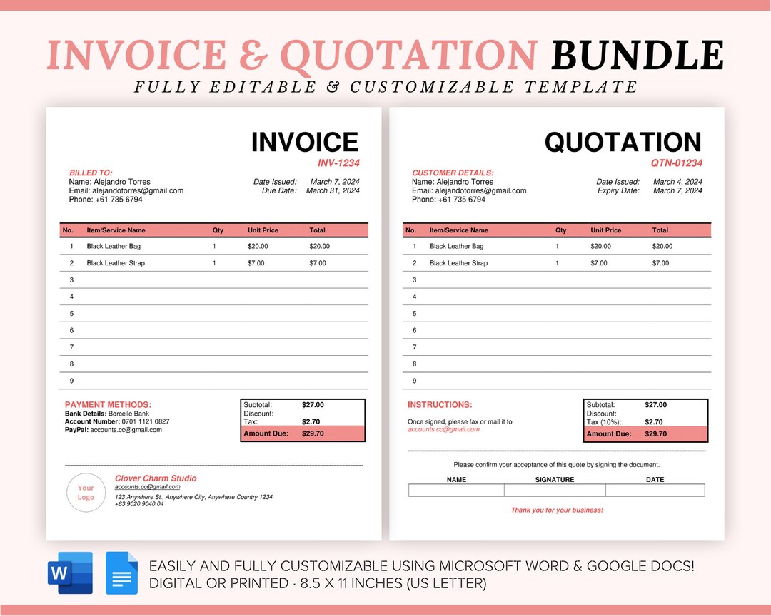 Invoice and Quotation Template Bundle, Editable Invoice and Quotation ...