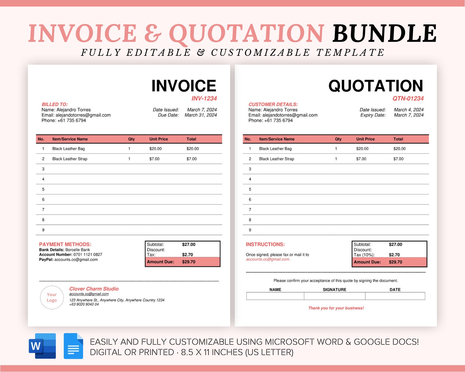 Invoice and Quotation Template Bundle, Editable Invoice and Quotation ...
