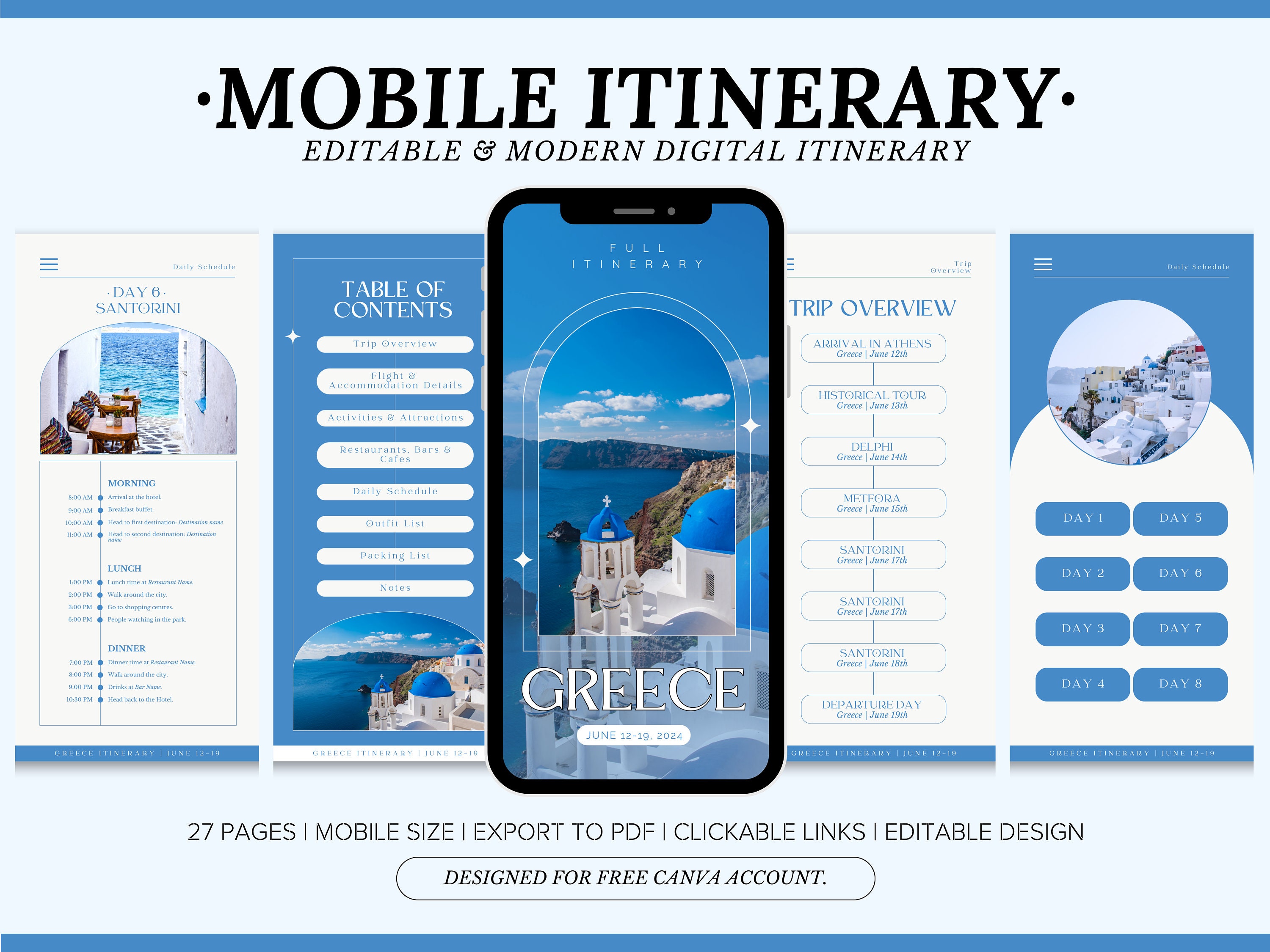 Editable Travel Itinerary Template, Instant Download, Greece Daily ...