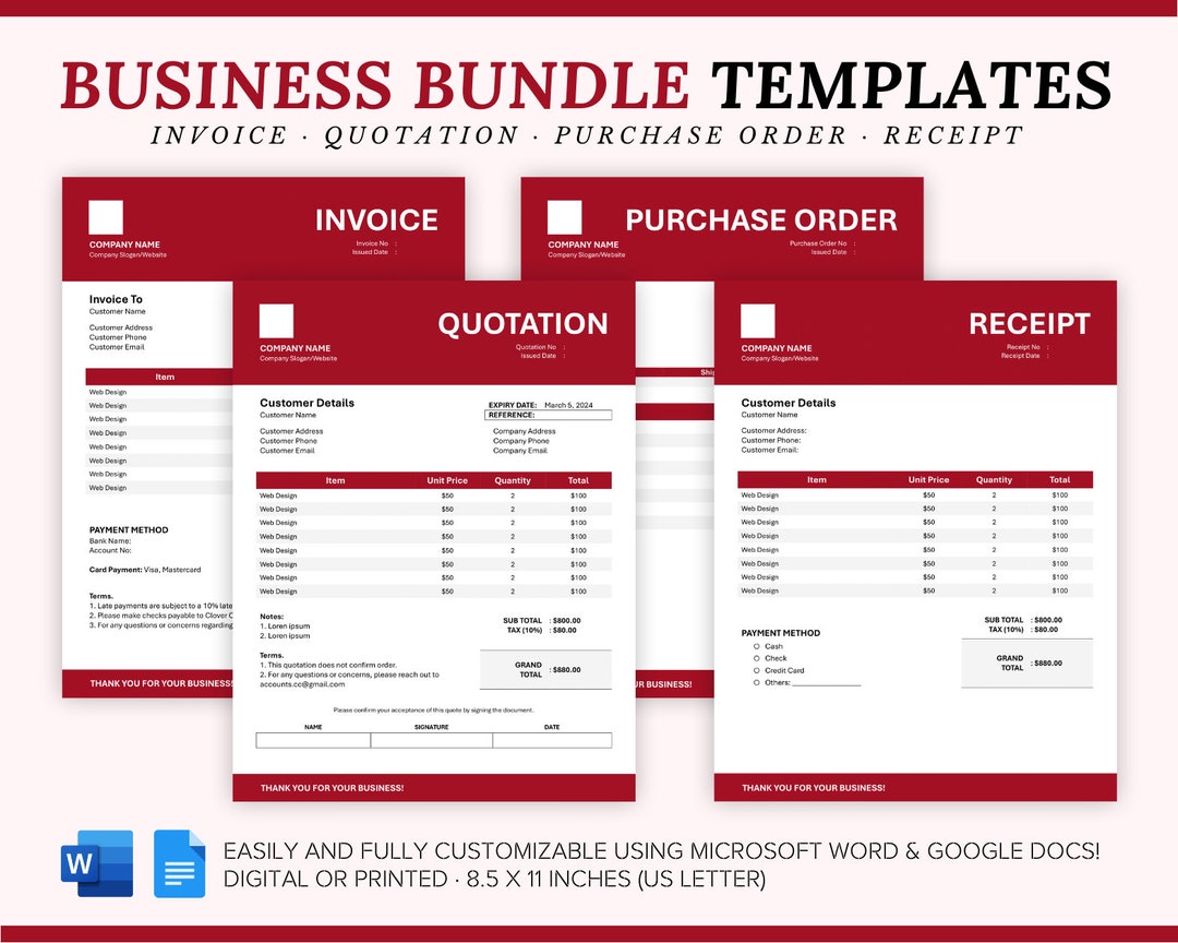 Business Bundle Template, Editable Invoice, Quotation, Purchase Order ...
