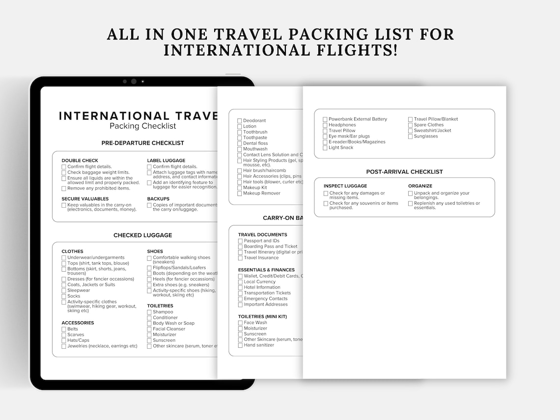 Travel Packing List, International Travel Checklist, Editable and ...