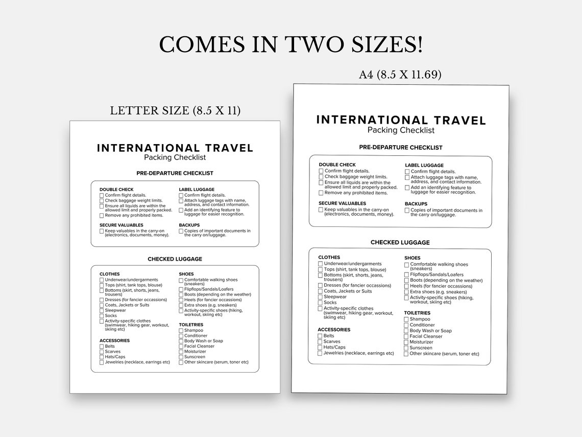 Travel Packing List, International Travel Checklist, Editable and ...