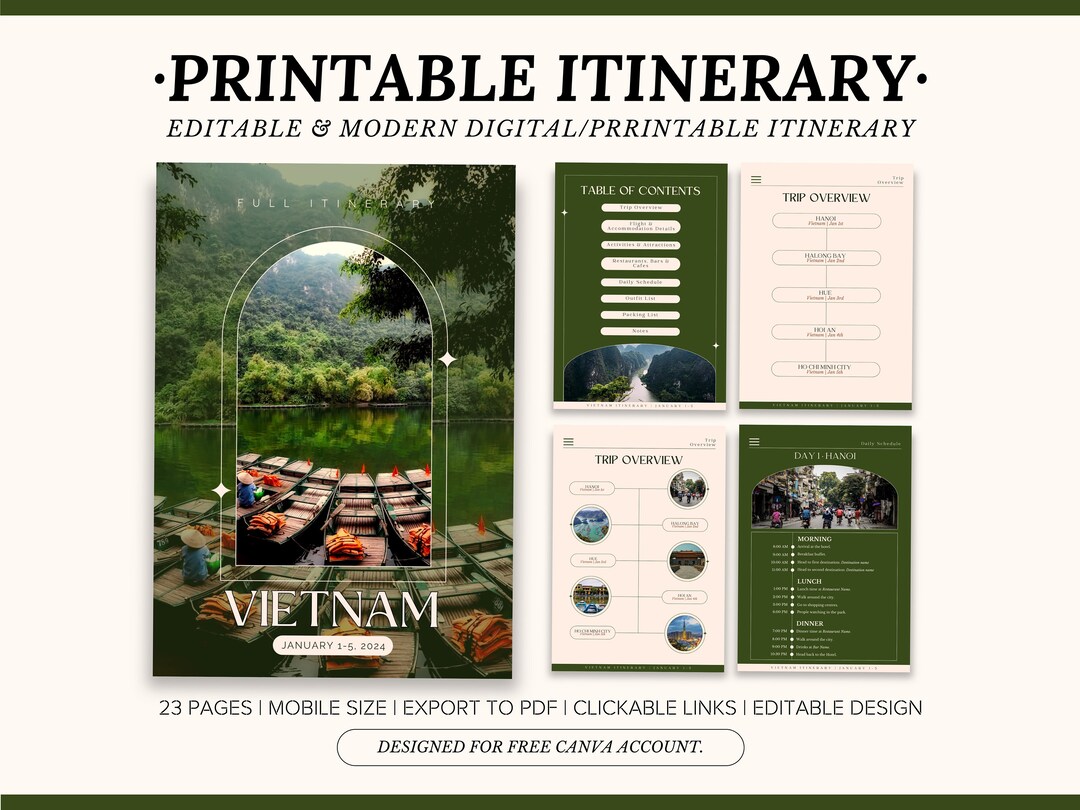 Printable and Editable Travel Itinerary Template, Instant Download ...