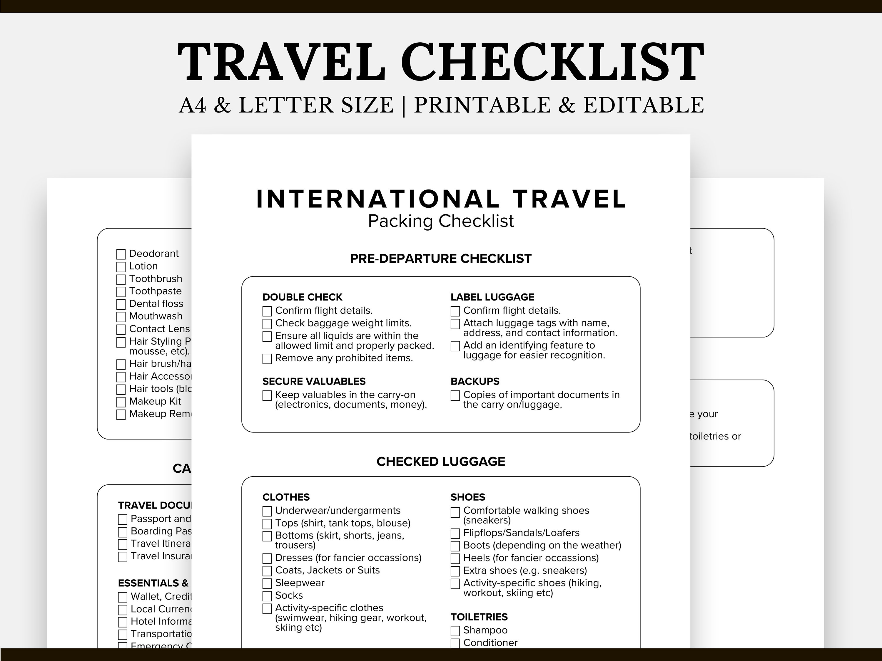 Travel Packing List, International Travel Checklist, Editable and ...