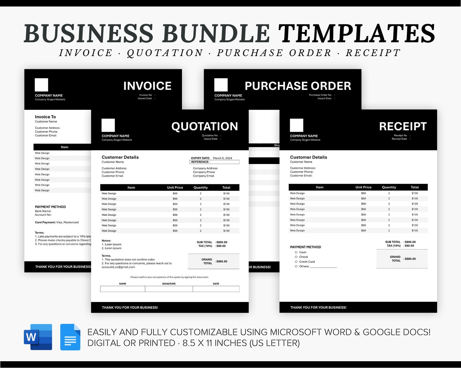 Business Bundle Template, Editable Invoice, Quotation, Purchase Order ...