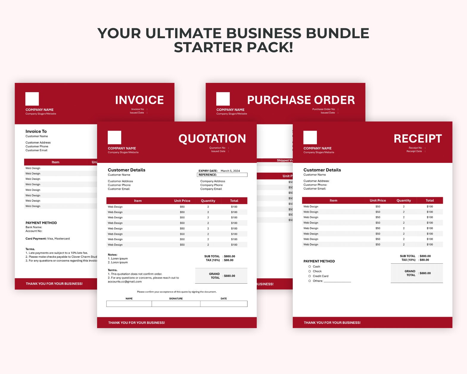 Business Bundle Template, Editable Invoice, Quotation, Purchase Order ...