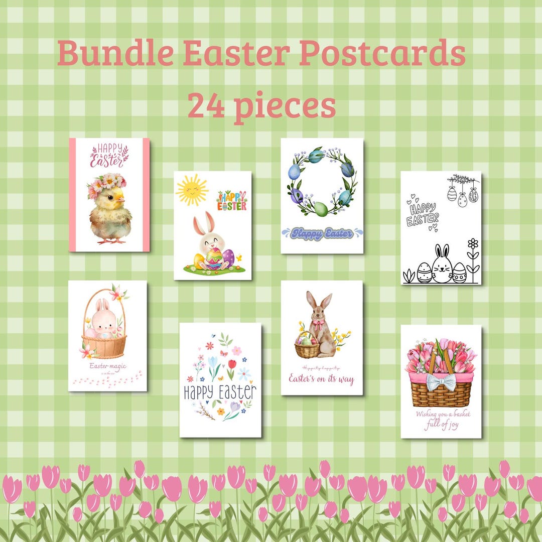 24 Easter Postcards Set – A6 Spring Postcard Bundle – Cute Easter Cards ...
