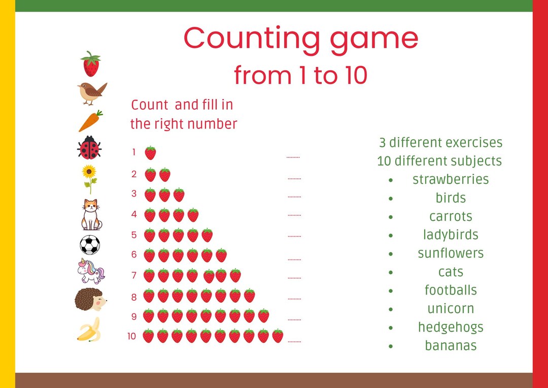 Counting Numbers Exercise, 1 to 10, Printable Digital Download, 10x ...