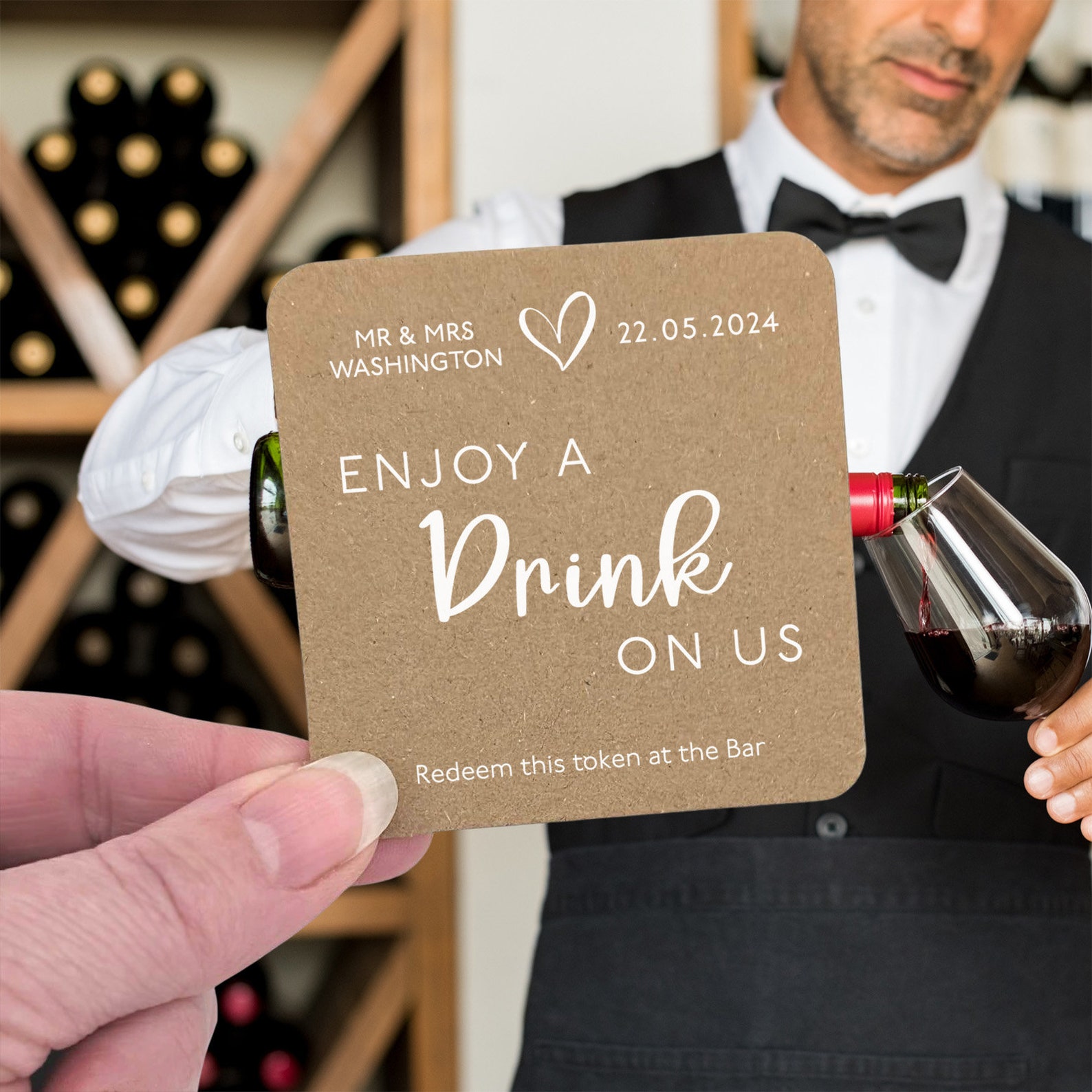 Personalised Wedding Drink Tokens, Recycled Square Kraft Bar Vouchers ...