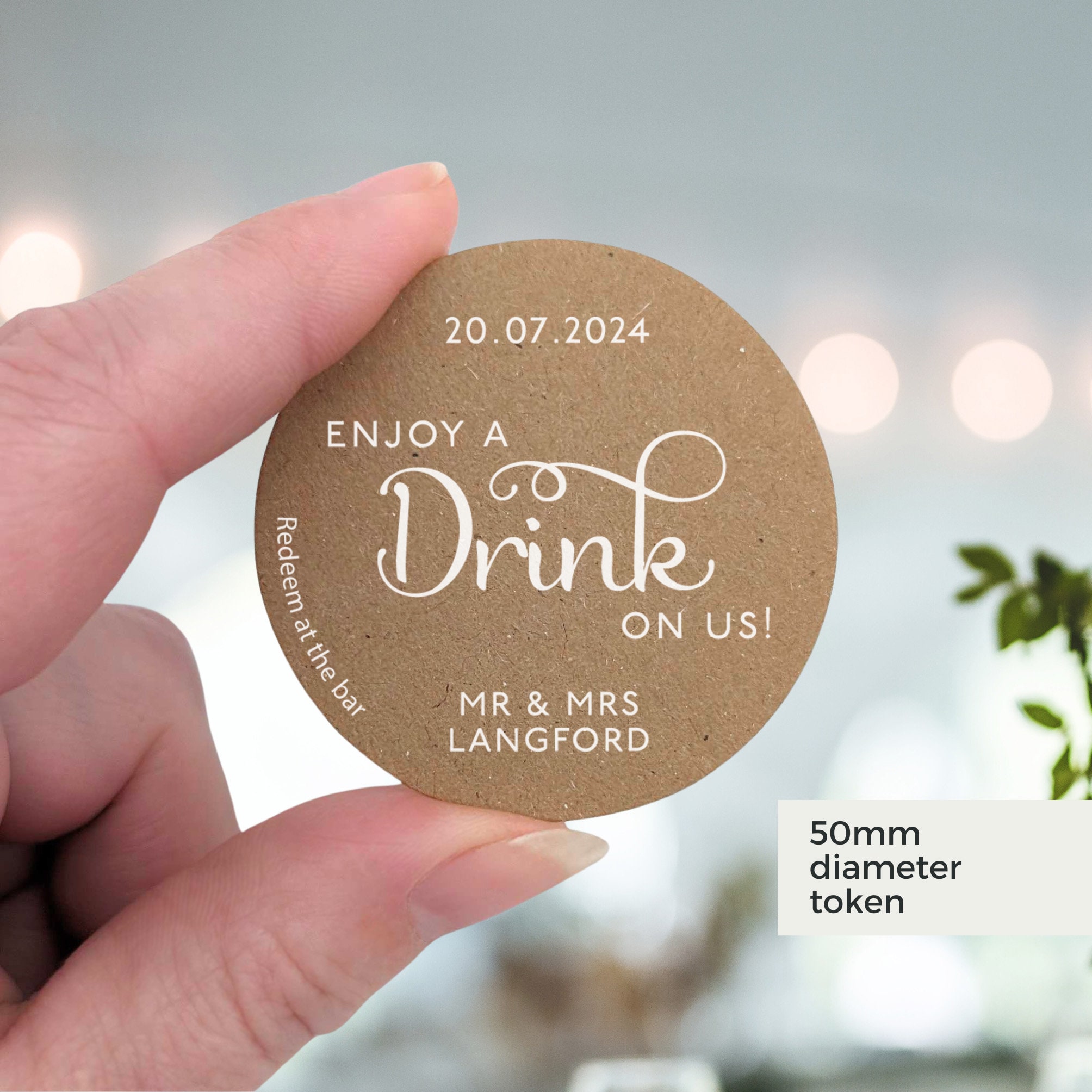 Personalised Drink Token for Wedding Guests, Round Recycled Bar Ticket ...